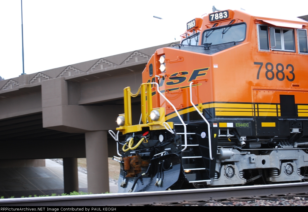 A Very Close UP Shot of the cab of BNSF 7883 Brand New ES44DC as she pulls a westbound Z.